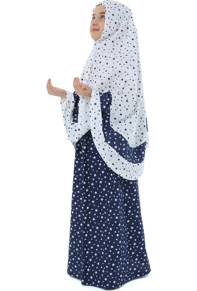 Elanesa Kız Çocuk Namaz Elbisesi Larcivert Rengi Yıldız Baskılı Kemer Desenli