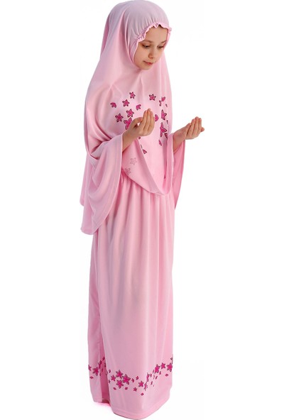 Oulabimir Kız Çocuk Namaz Elbisesi Yıldız Baskılı Uzun Başörtülü