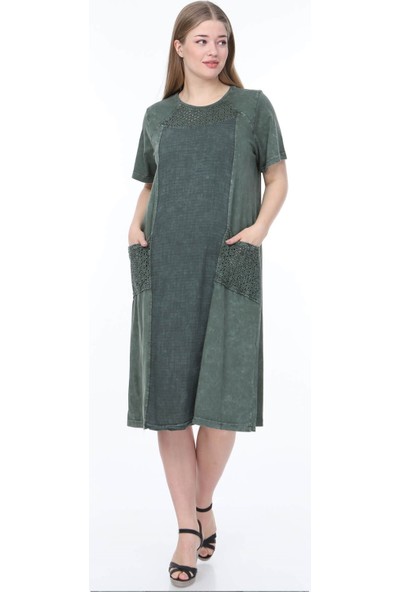 Mia Butik Büyük Beden Italyan Yıkama Haki Önü Dantel Detaylı Elbise