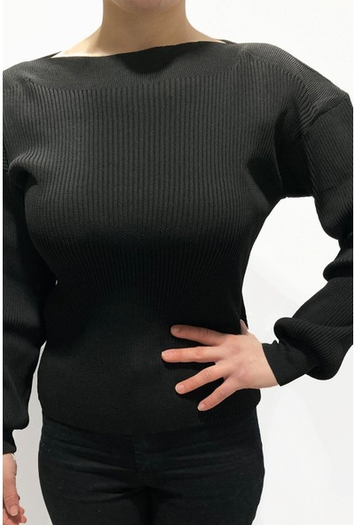 Fashion Friends Kadın Kayık Yaka Balon Kol Kazak