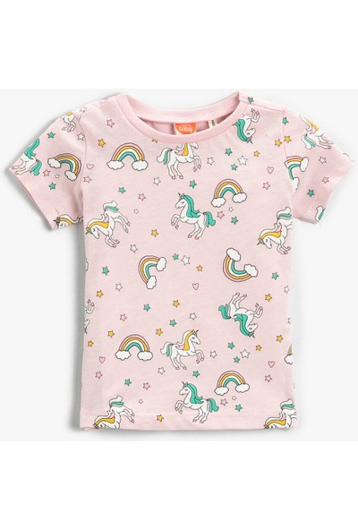 Koton Kız Bebek Unicorn Baskılı Bisiklet Yaka Kısa Kollu Tişört Pamuklu