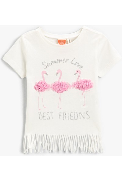 Koton Kız Bebek 3 Boyutlu Flamingo Baskılı Bisiklet Yaka Kısa Kollu Püsküllü Tişört Pamuklu Koton Kız Bebek 3 Boyutlu Flamingo Baskılı Bisiklet Yaka Kısa Kollu Püsküllü Tişört Pamuklu