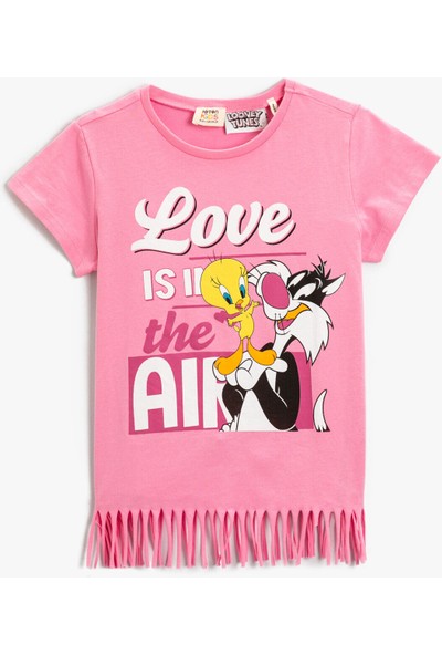 Koton Kız Çocuk Sylvester ve Tweety Baskılı Püsküllü Bisiklet Yaka Lisanslı Tişört