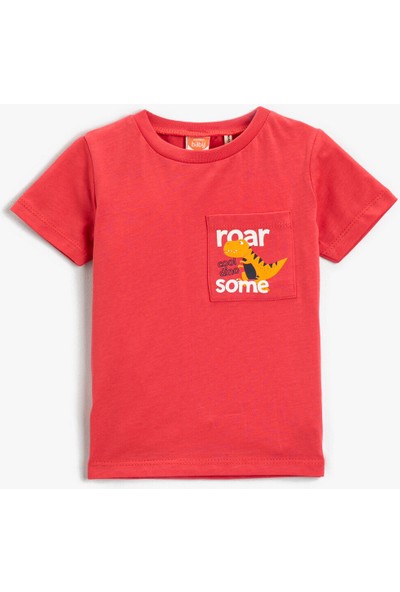 Koton Erkek Bebek Cep Detaylı Dinazor Baskılı Bisiklet Yaka Tişört Pamuklu