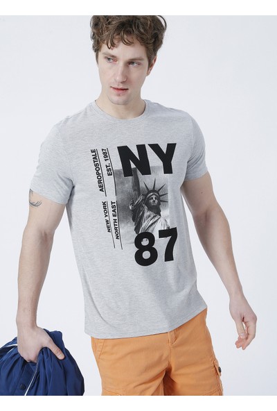 Aeropostale Bisiklet Yaka Standart Kalıp Baskılı Gri Melanj Erkek T-Shirt - E-7115