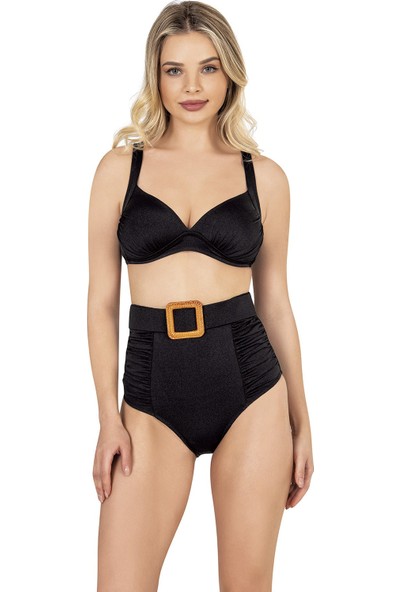 Endeep Kadın Yüksel Bel Aksesuarlı Siyah Bikini Takımı