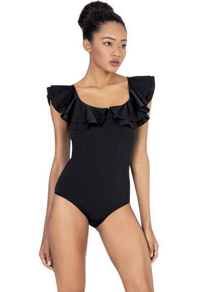 Endeep Kadın Volanlı Yuvarlak Yaka Siyah Mayo