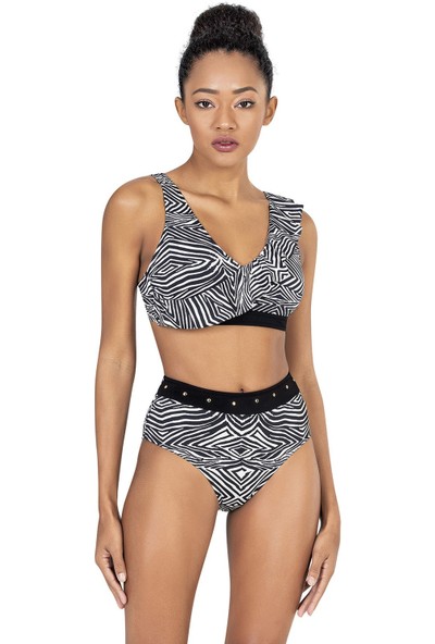 Endeep Kadın Zebra Desenli Yüksek Bel Volanlı Bikini Takımı Endeep Kadın Zebra Desenli Yüksek Bel Volanlı Bikini Takımı
