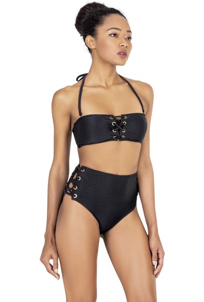 Endeep Kadın Kuş Gözü Detaylı Dokulu Siyah Bikini Takımı
