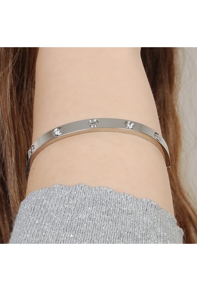 Stainless Steel Çelik Zirkon Taşlı Cartier Kelepçe Bileklik Silver Stainless Steel Çelik Zirkon Taşlı Cartier Kelepçe Bileklik Silver