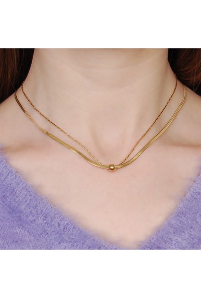 Saysar Çift Zincirli Çelik Kolye Gold