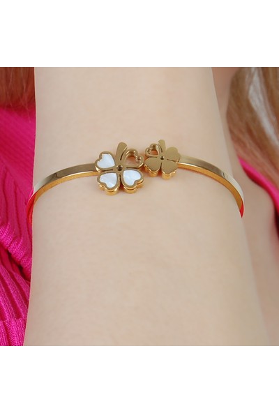 Stainless Steel Çelik Çift Yoncalı Kelepçe Bileklik Gold