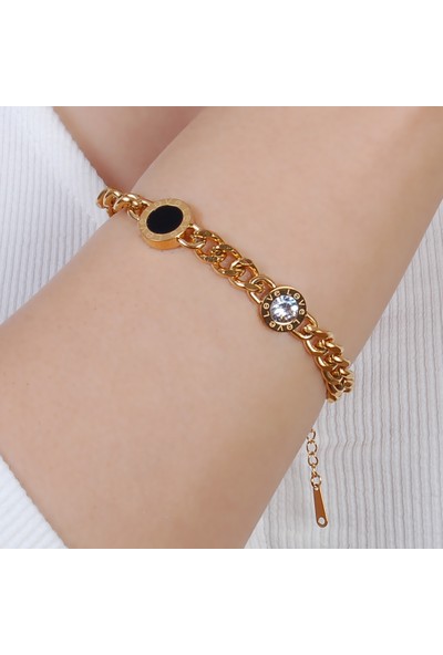 Stainless Steel Çelik Zirkon Taşlı Daire Figürlü Bileklik Gold