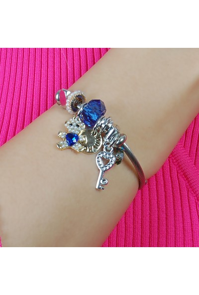 Stainless Steel Çelik Mavi Taşlı Ayıcıklı Pandora Bileklik Silver