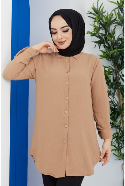 İmaj Butik Düğmeli Ayrobin Tesettür Tunik Gömlek Vizon İmaj Butik Düğmeli Ayrobin Tesettür Tunik Gömlek Vizon