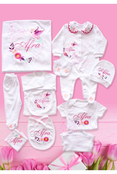 Minilola Pembe Fuşya Çok Renkli Papatya Kuş Işlemeli Isimli Beyaz 10LU Set Minilola Pembe Fuşya Çok Renkli Papatya Kuş Işlemeli Isimli Beyaz 10LU Set