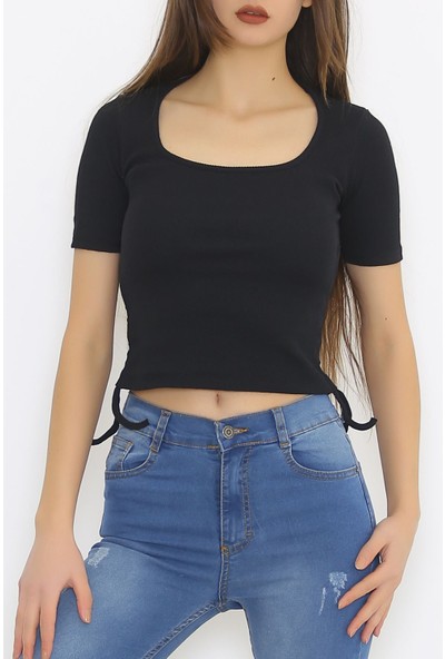 Lucky Kadın Siyah Likralı Yan Büzgülü Crop Bisiklet Yaka Kısa Kol T-Shirt