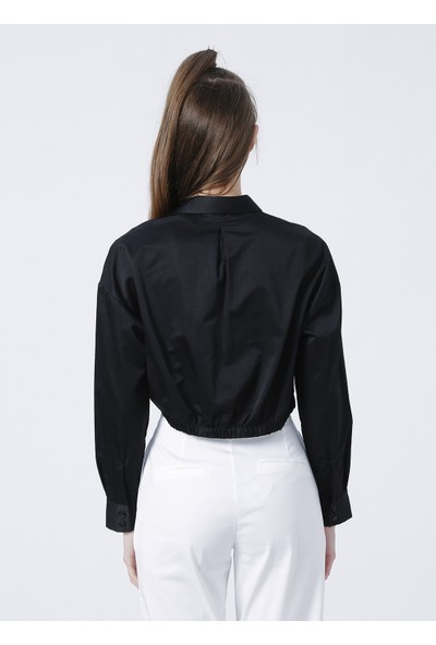 Fabrika Crop Düz Siyah Kadın Gömlek - Dorset