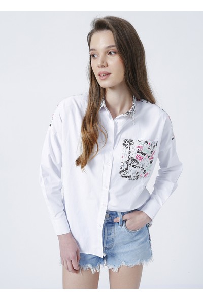 Aeropostale Oversize Baskılı Beyaz Kadın Gömlek - K-Aprad