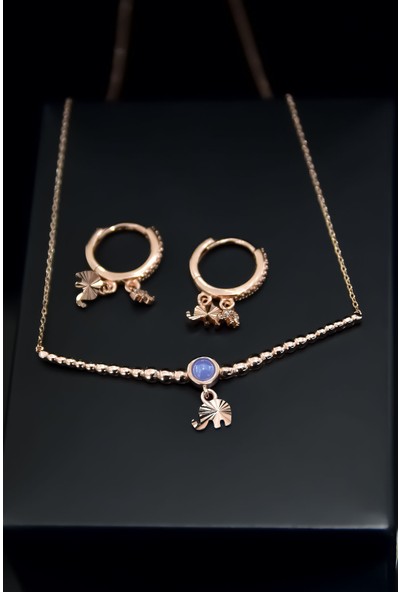 925 Ayar Gümüş Rose Kaplama Top Motifli Mor Ay Taşı Fil Kolye ve Küpe Set