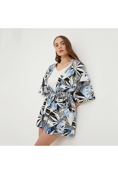Ecrou Kadın Mavi Çicekli İp Askılı Sabahlıklı 3Lü Şort Takım