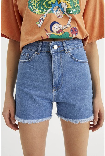 Ecrou Kadın Mavi Paçası Püskül Yıkamalı Denim Şort