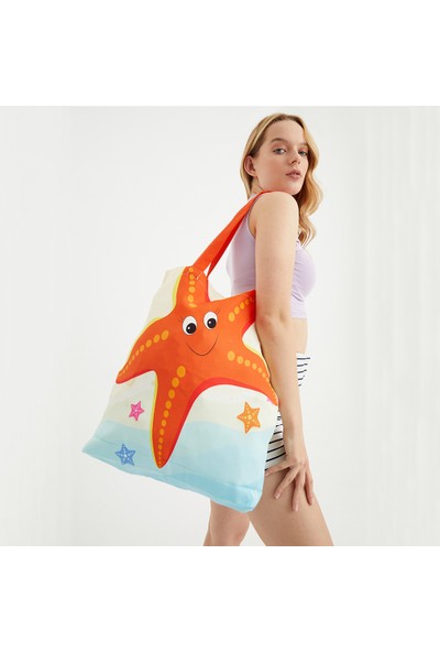 Ecrou Kadın Deniz Yıldızlı Desenli Bez Plaj Çanta