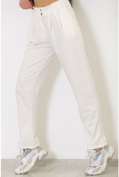 Önü Pileli Eşofman Altı Beyaz