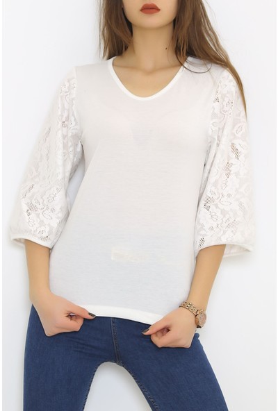 Bkmc Tül Kollu Bluz Beyaz1