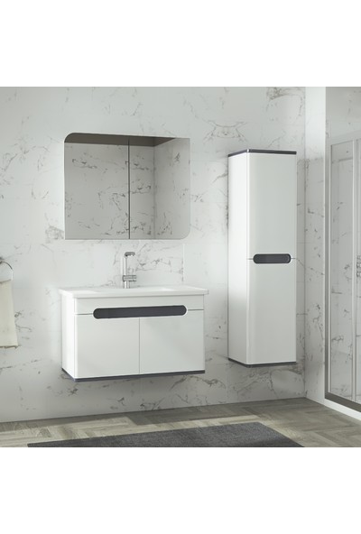 Alfa Banyo Perla Safir Gri 115 cm Kapaklı Boy Dolaplı Mdf Lüx Banyo Takımı