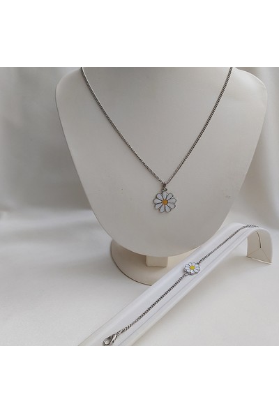 Papatya Figürlü Gümüş Rengi Kolye ve Bileklik Seti - 29