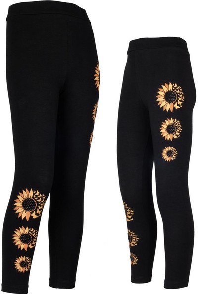 Zef Kids Kız Çocuk Siyah Ayçiçek Taş Baskılı Mevsimlik Tayt