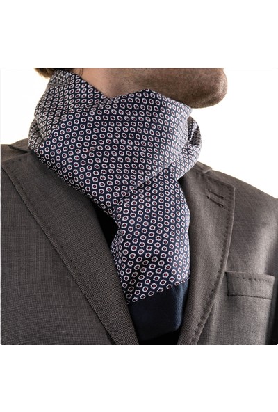 Lacivert Üzerine Beyaz Kırmızı Desenli Çift Taraflı Şal Atkı