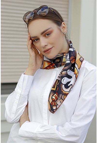 Şal Evi Kadın Fular Bandana Hediyelik Renkli Twill Eşarp Şal Bikahve