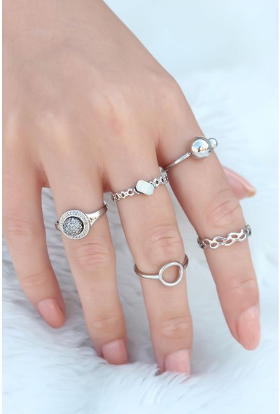 Clariss Beyaz Taş Detaylı Gümüş Metal Yüzük Seti
