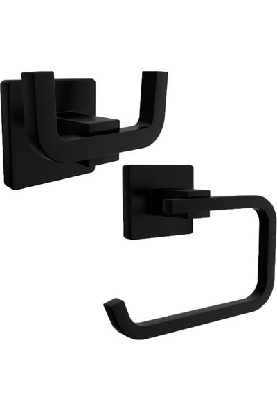 Fndhome Siyah Kare 2 Li Bornoz Çatal Askılık, Kare Tuvalet Kağıtlık 2 Li Takım