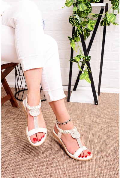 Followher Kadın Ortapedik Taban Örgü Desen Taşlı Sedef Sandalet