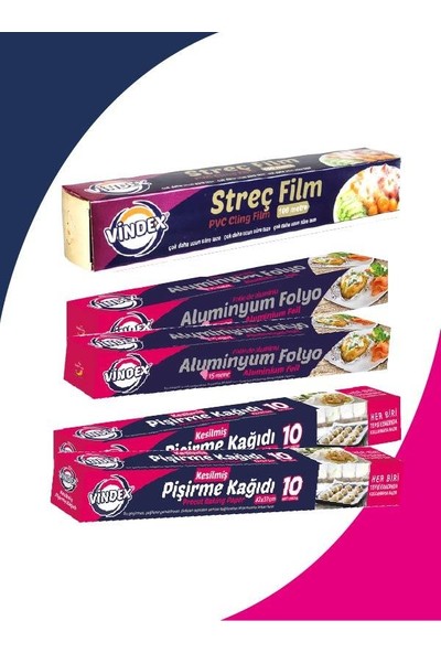 Vindex 2 Streç Film 100M + 2 Alüminyum Folyo 15M + 2 Pişirme Kağıdı Kesilmiş 10'lu Vindex 2 Streç Film 100M + 2 Alüminyum Folyo 15M + 2 Pişirme Kağıdı Kesilmiş 10'lu