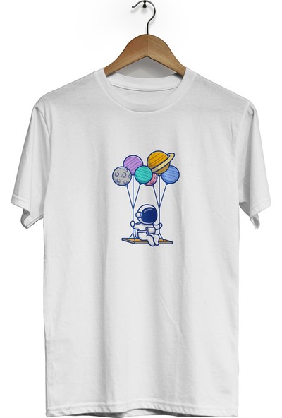 Gezegen Balonları Bisiklet Yaka Kısa Kollu Tişört BLL1841