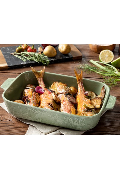 English Home Floral Poem Stoneware Fırın Kabı 33X19,5X6 cm Yeşil