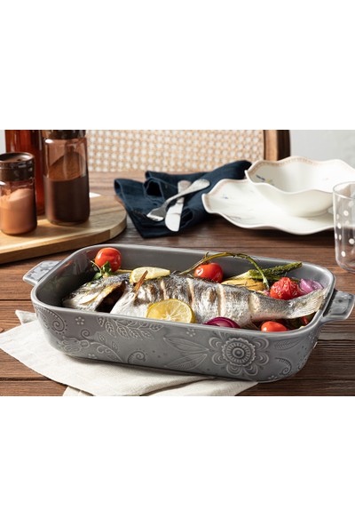 English Home Floral Poem Stoneware Fırın Kabı 33X19,5X6 cm Gri