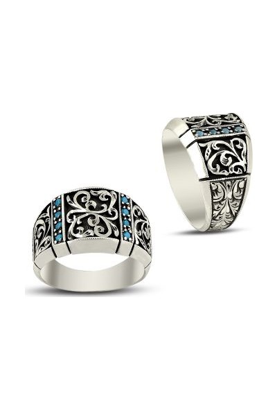 Anı Yüzük Mavi Taşlı Kalemkar İşçiliği Gümüş Erkek Yüzük