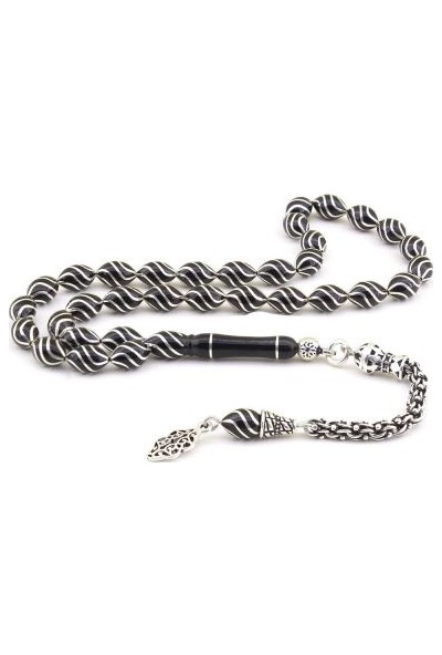 Anı Yüzük Özel İşçilik 925 Ayar Yoğun Gümüş İşlemeli Oltu Tesbih