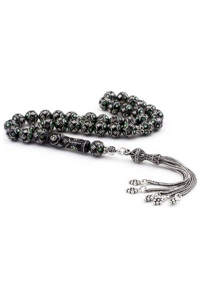 Anı Yüzük 925 Ayar Gümüş Püsküllü Yeşil Mineli Erzurum Oltu Tesbih