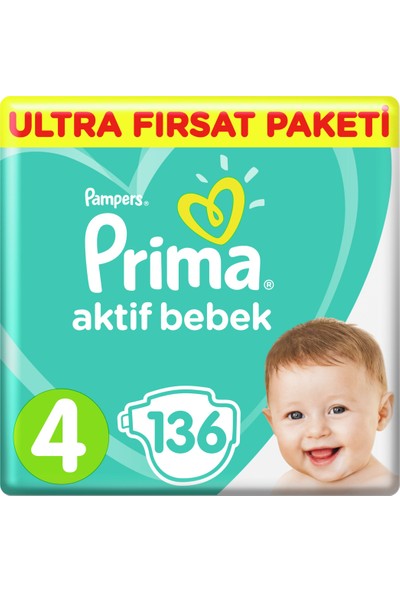 Prima Bebek Bezi Aktif Bebek 4 Beden Maxi Ultra Fırsat Paketi 136 Adet Prima Bebek Bezi Aktif Bebek 4 Beden Maxi Ultra Fırsat Paketi 136 Adet