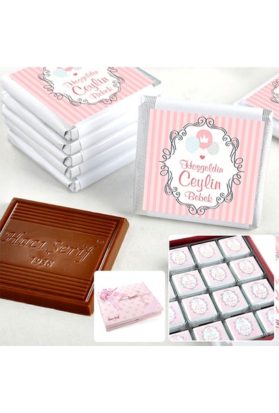 Hacı Şerif İsimli Kız Bebek Çikolatası (72 Madlen Çikolata + Sunum Kutusu)