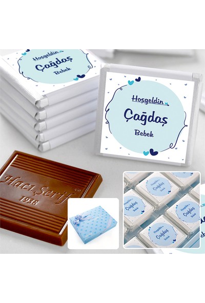 Hacı Şerif Kişiye Özel İsimli Erkek Bebek Çikolatası (72 Madlen Çikolata + Sunum Kutusu)