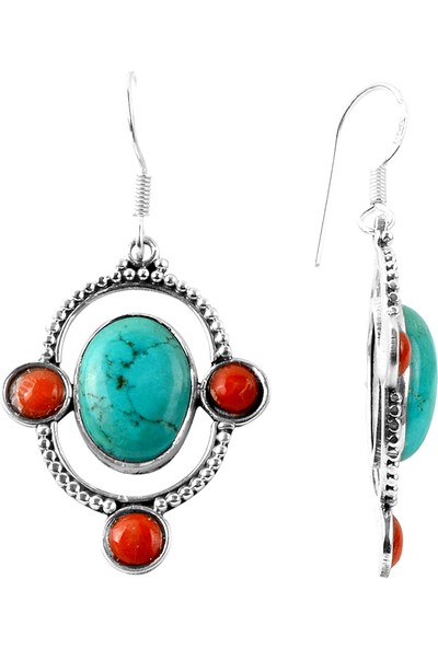 Sanal Kuyumculuk 925 Ayar Gümüş Turkuaz, Mercan Taş Küpe Bz-10140