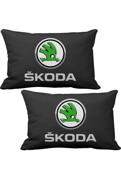 Asr Skoda 2 li Lüks Araç Boyun Yastığı Siyah ve Ahşap Logo Anahtarlık