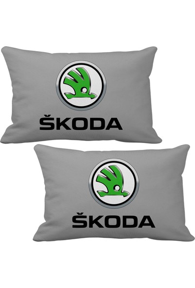 Asr Skoda 2 li Lüks Araç Boyun Yastığı Gri ve Ahşap Logo Anahtarlık